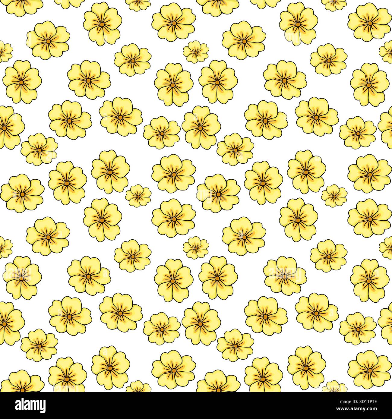 Seamless vector pattern of bright yellow primrose flowers with dark ...