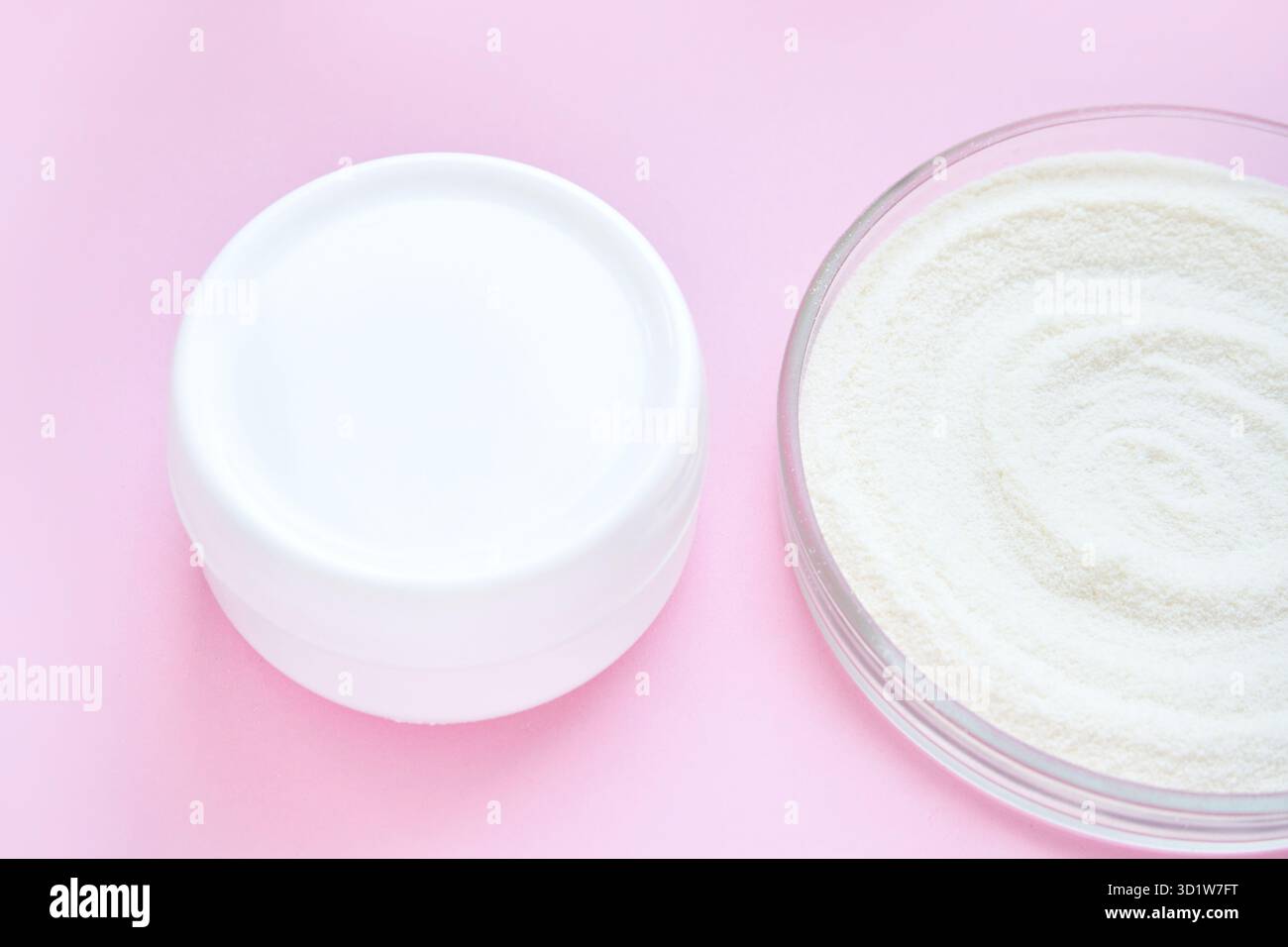 Collagen white powder. Pastel color background. Health product. Woman ...