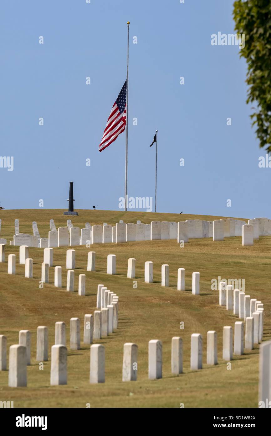 Generic views of a veterans cemetery on a serene day, featuring ...