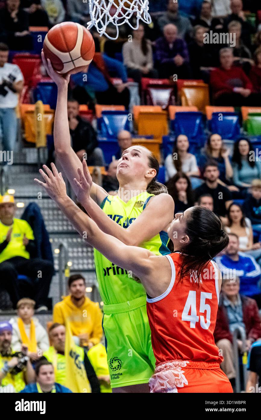 Emma Cechova of USK Praha, left, and Nancy Fora of Bourges in action ...