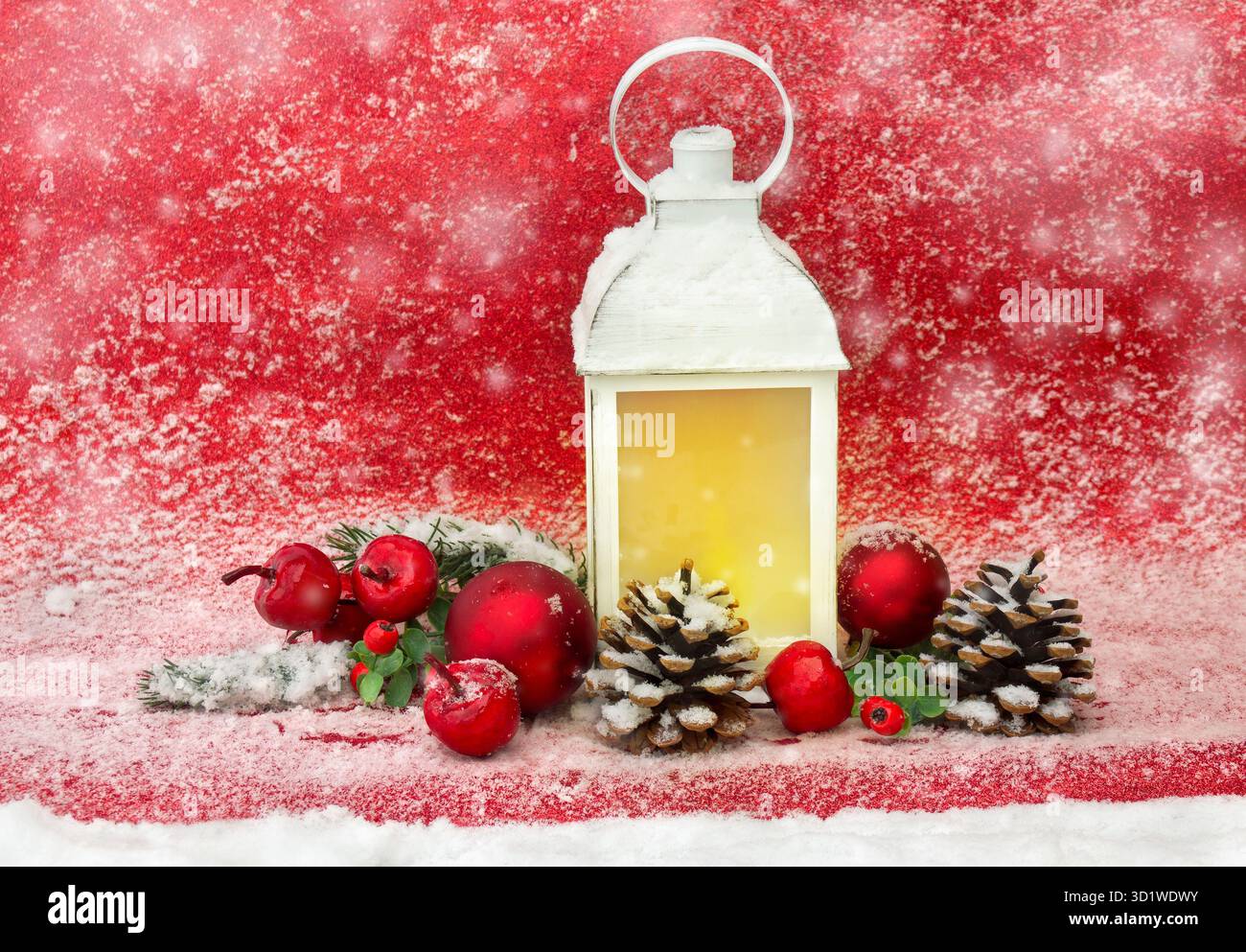 Christmas decoration. Christmas lantern, red balls, cones, red apples ...
