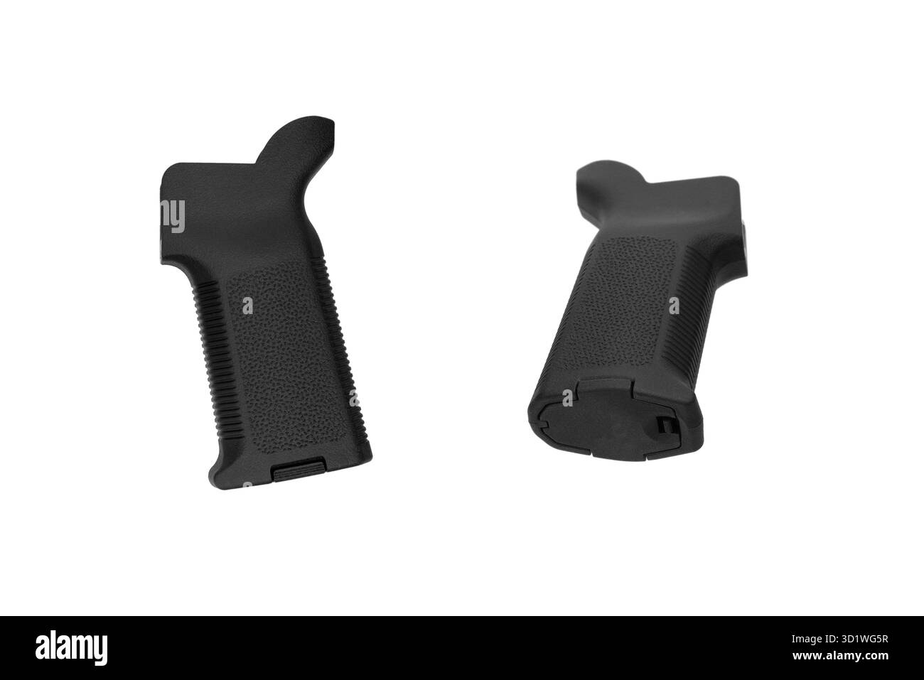 Two black synthetic rifle grips for firearms, isolated on a white ...