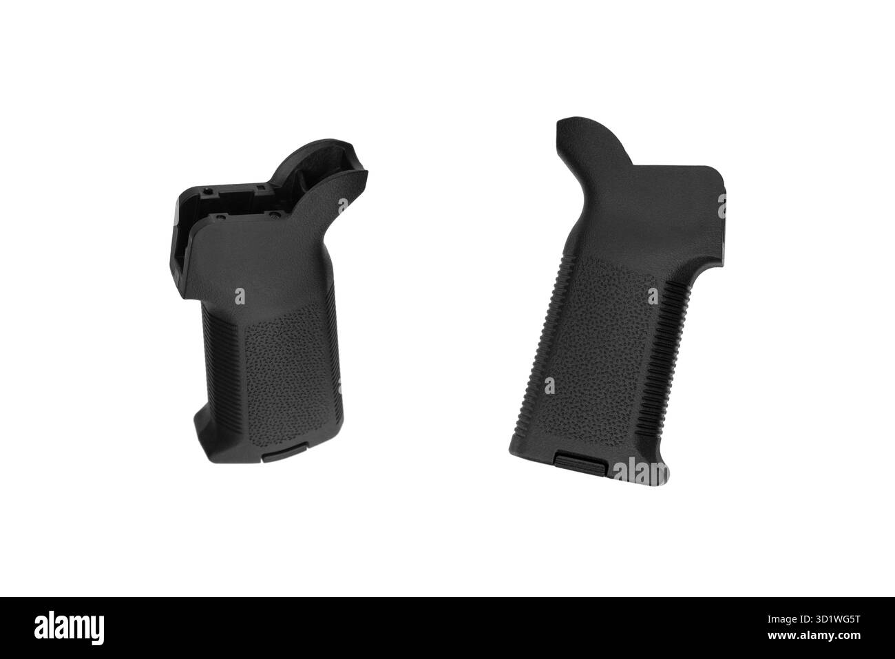 Two black synthetic rifle grips for firearms, isolated on a white ...