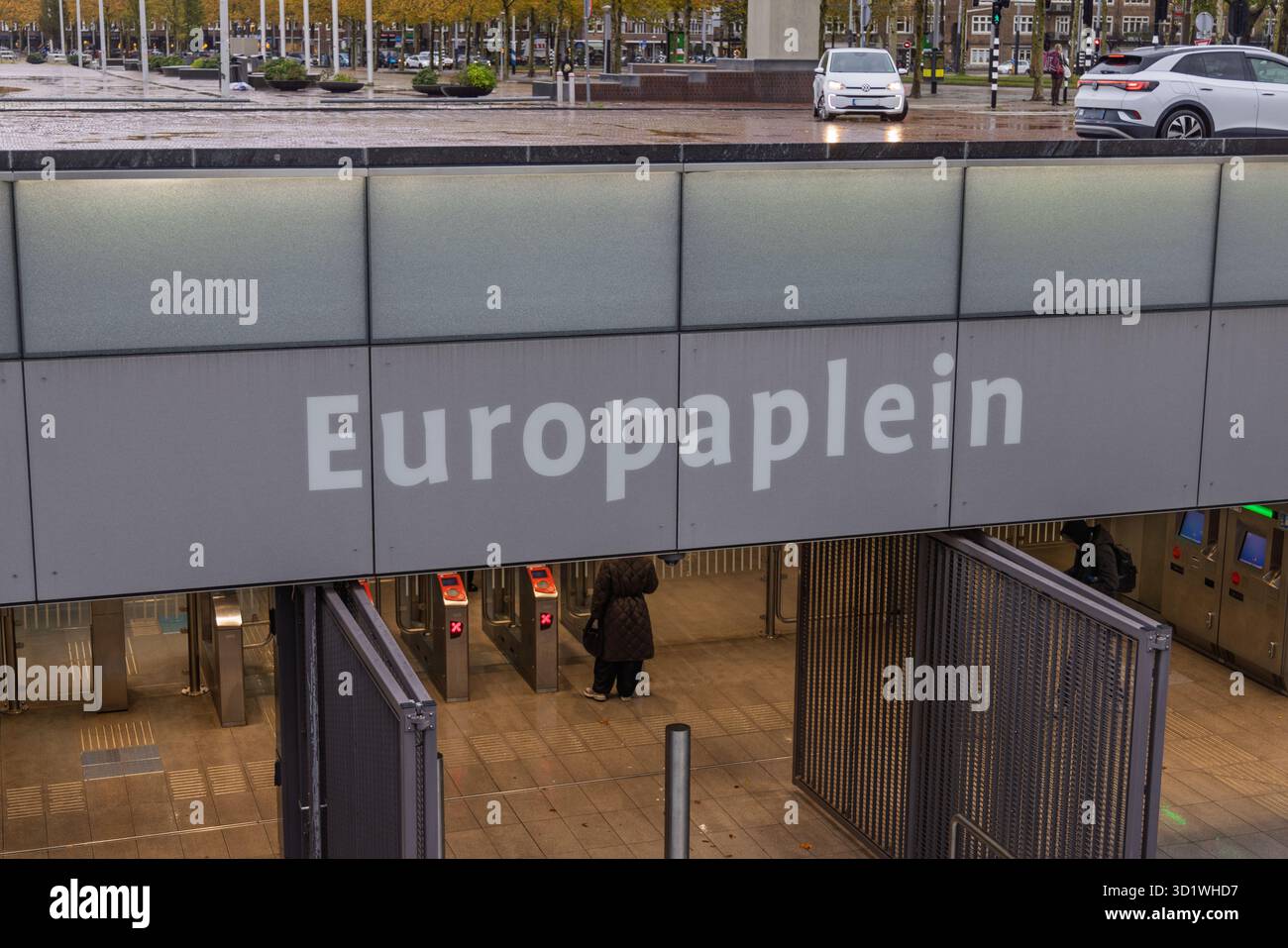 The entrance to Europaplein metro station in Amsterdam on a wet day ...