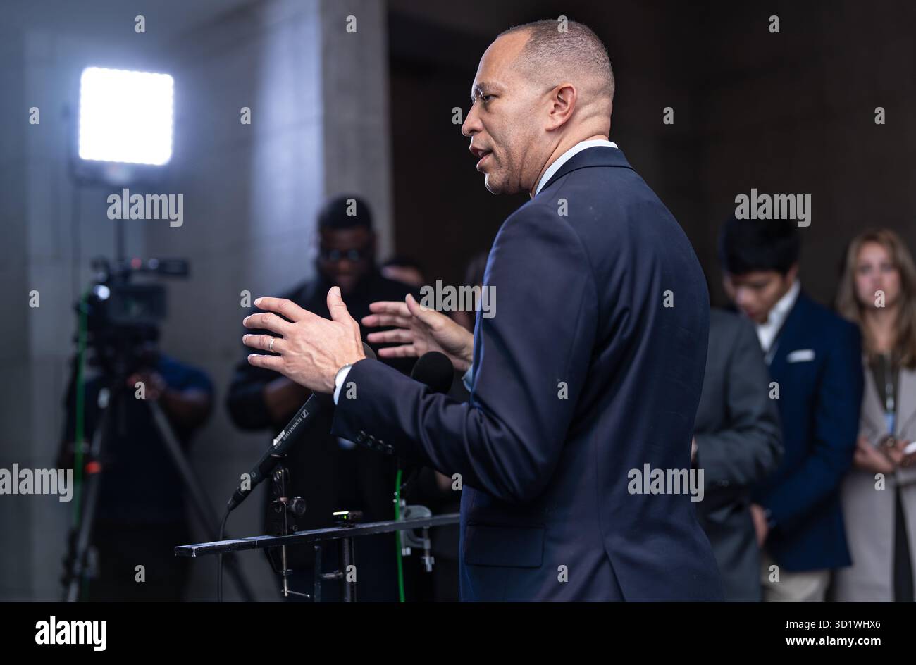 Speaking to reporters, House Minority Leader Hakeem Jeffries, D-N.Y ...