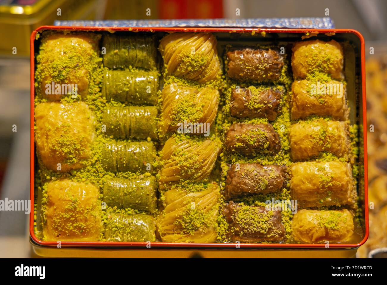 Green Pistachio Nuts Turkish Baklava Sweets in Gift Box Stock Photo - Alamy