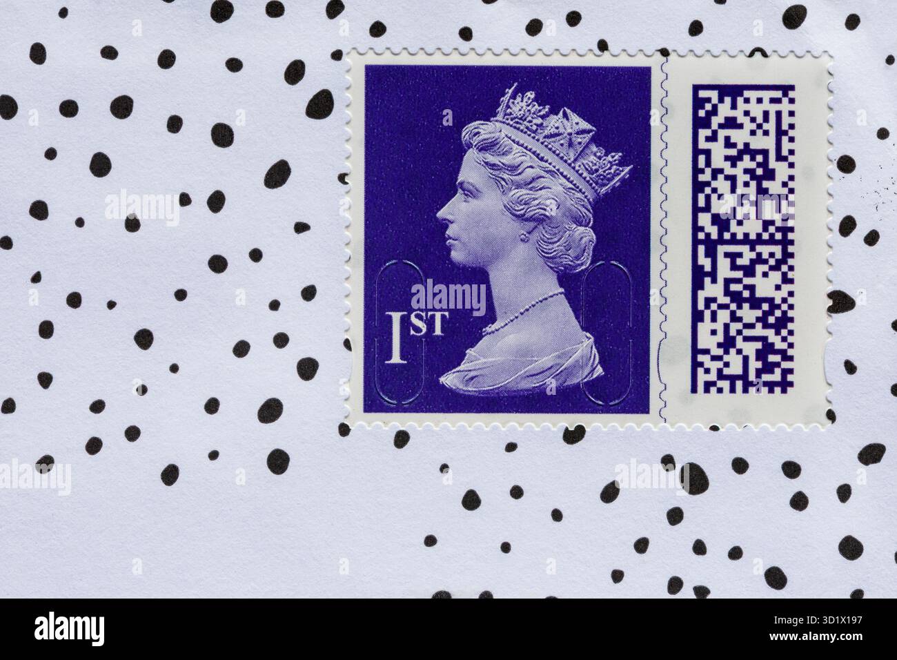 purple 1st class stamp with Queen Elizabeth II head, stuck on spotty ...