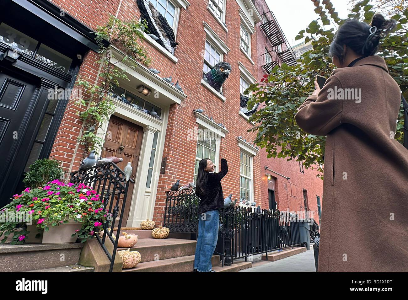 A giant pigeon decoration is on display in the windows of a home in the ...