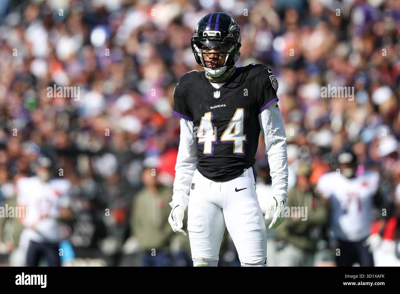 Baltimore Ravens cornerback Marlon Humphrey (44) looks on between plays ...