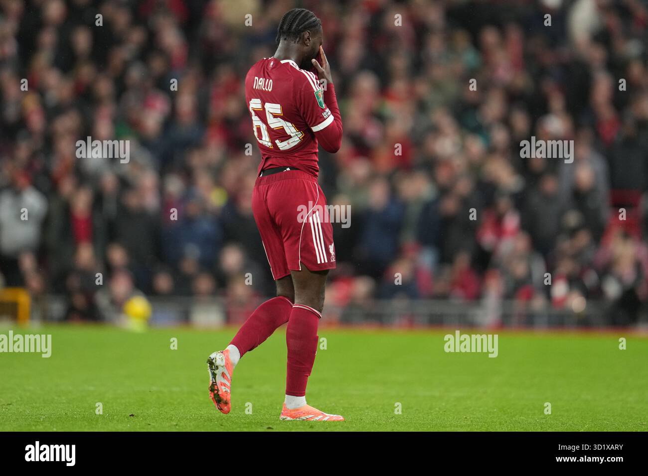Liverpool's Amara Nallo reacts after shown a red card during the ...