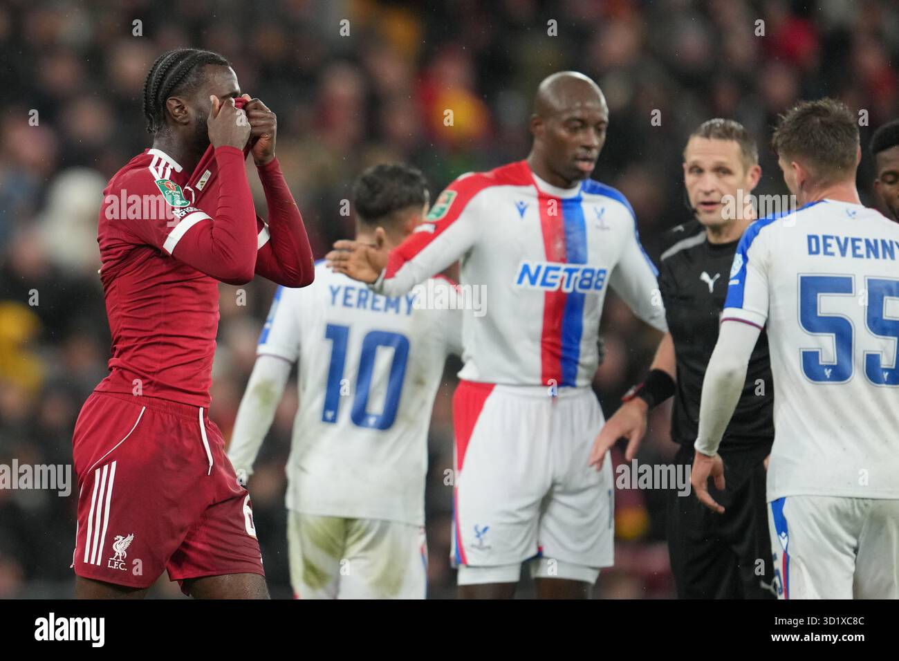 Liverpool's Amara Nallo reacts after shown a red card during the ...