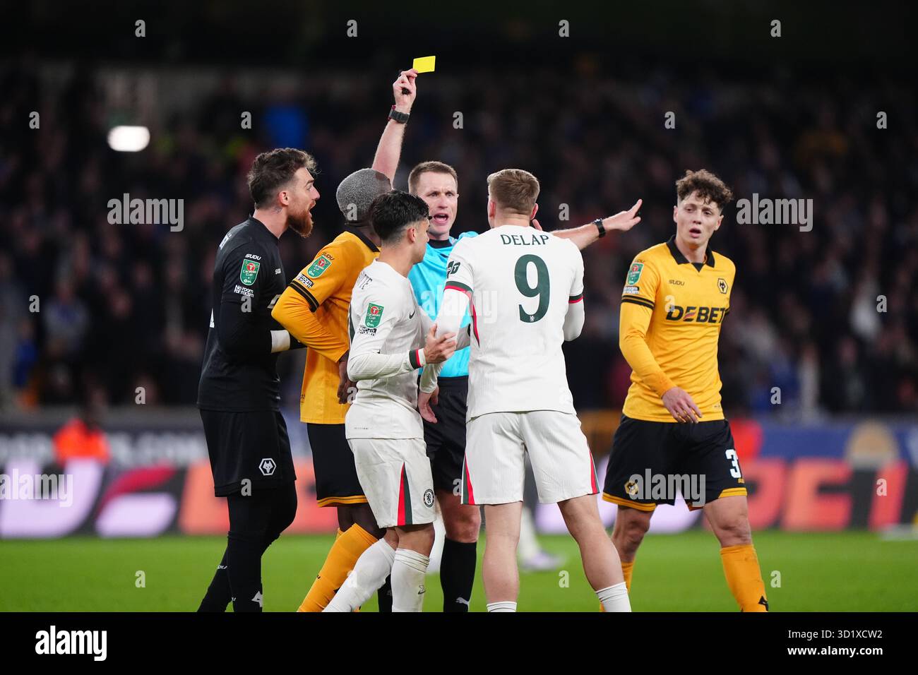 Chelsea's Liam Delap (second from right) reacts after being shown a ...