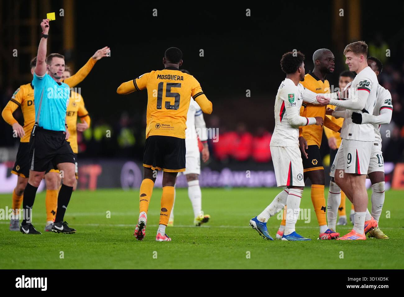 Chelsea's Liam Delap (second from right) reacts after being shown a ...