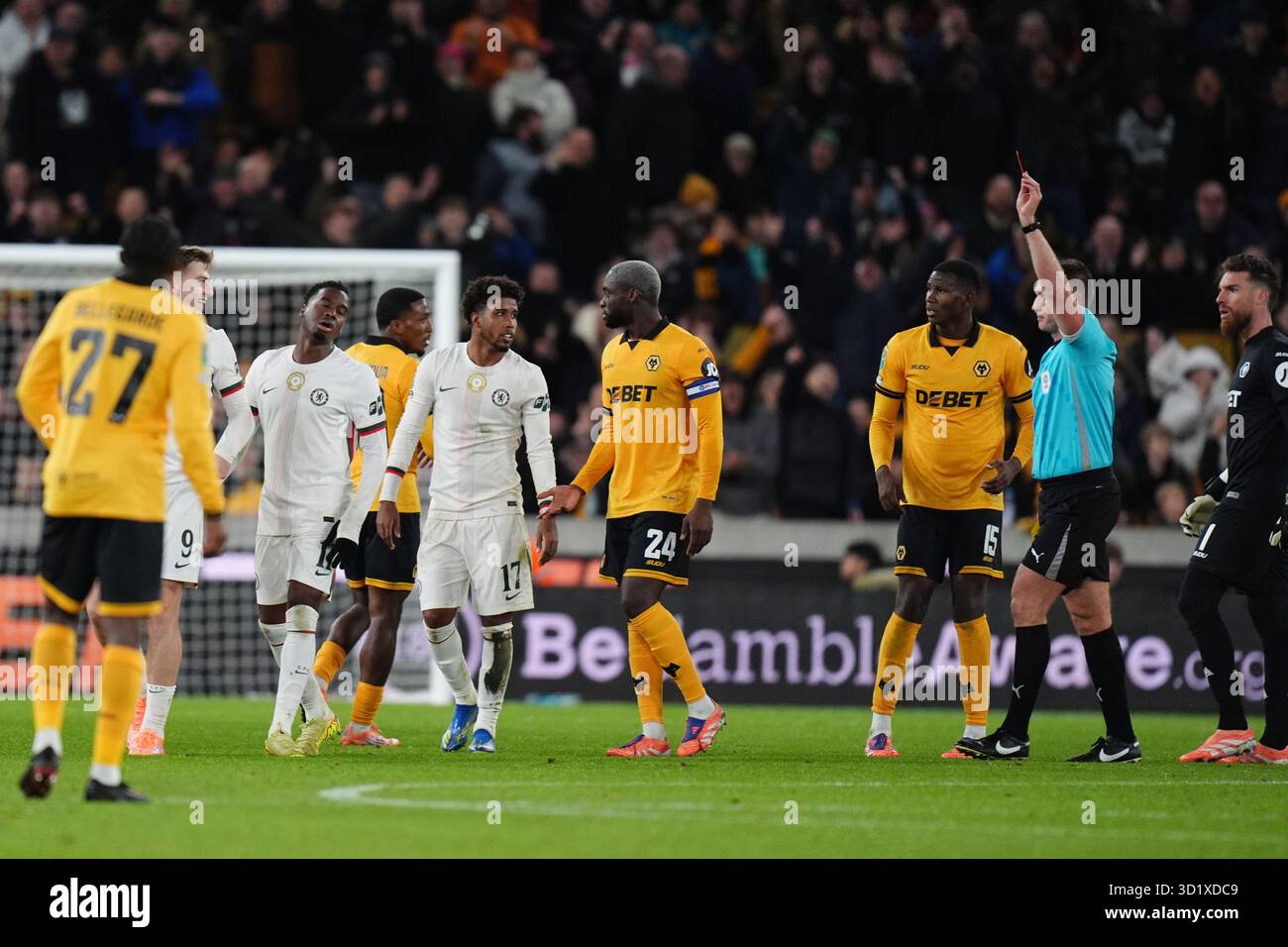 Chelsea's Liam Delap (second from left) reacts after being sent off by ...