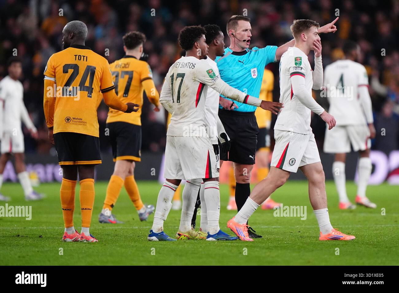 Chelsea's Liam Delap (second from right) reacts after being sent off by ...