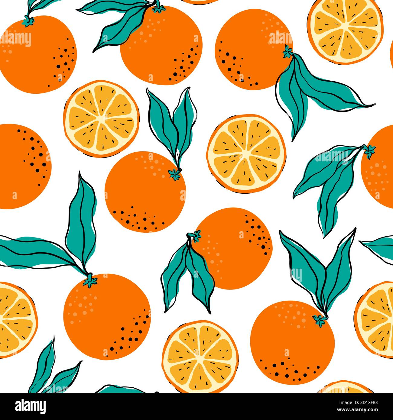 Tropical seamless pattern with oranges and orange slices. Hand drawn ...