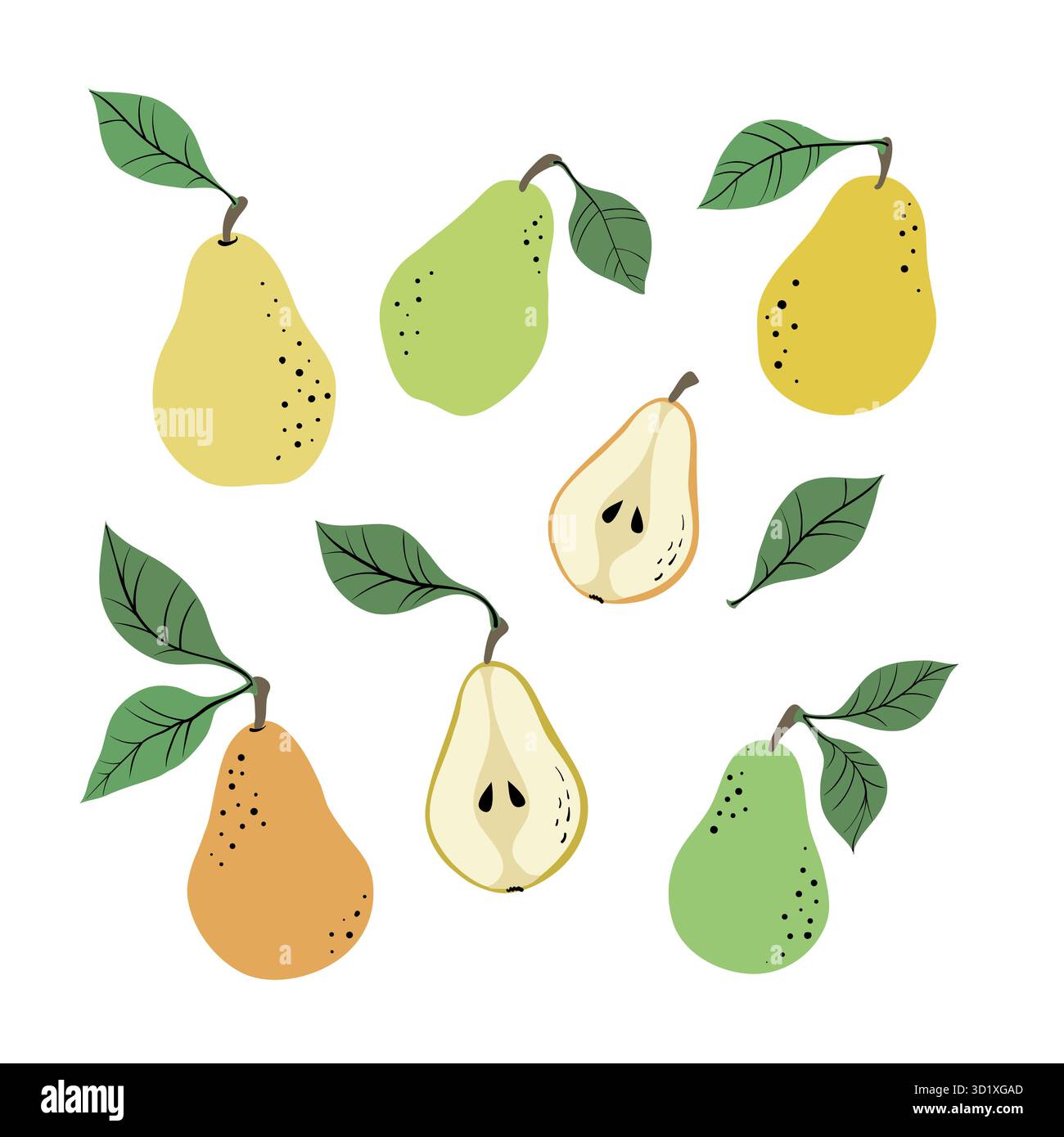 Set of yellow and green pears and pear slices. Hand drawn pears pattern ...