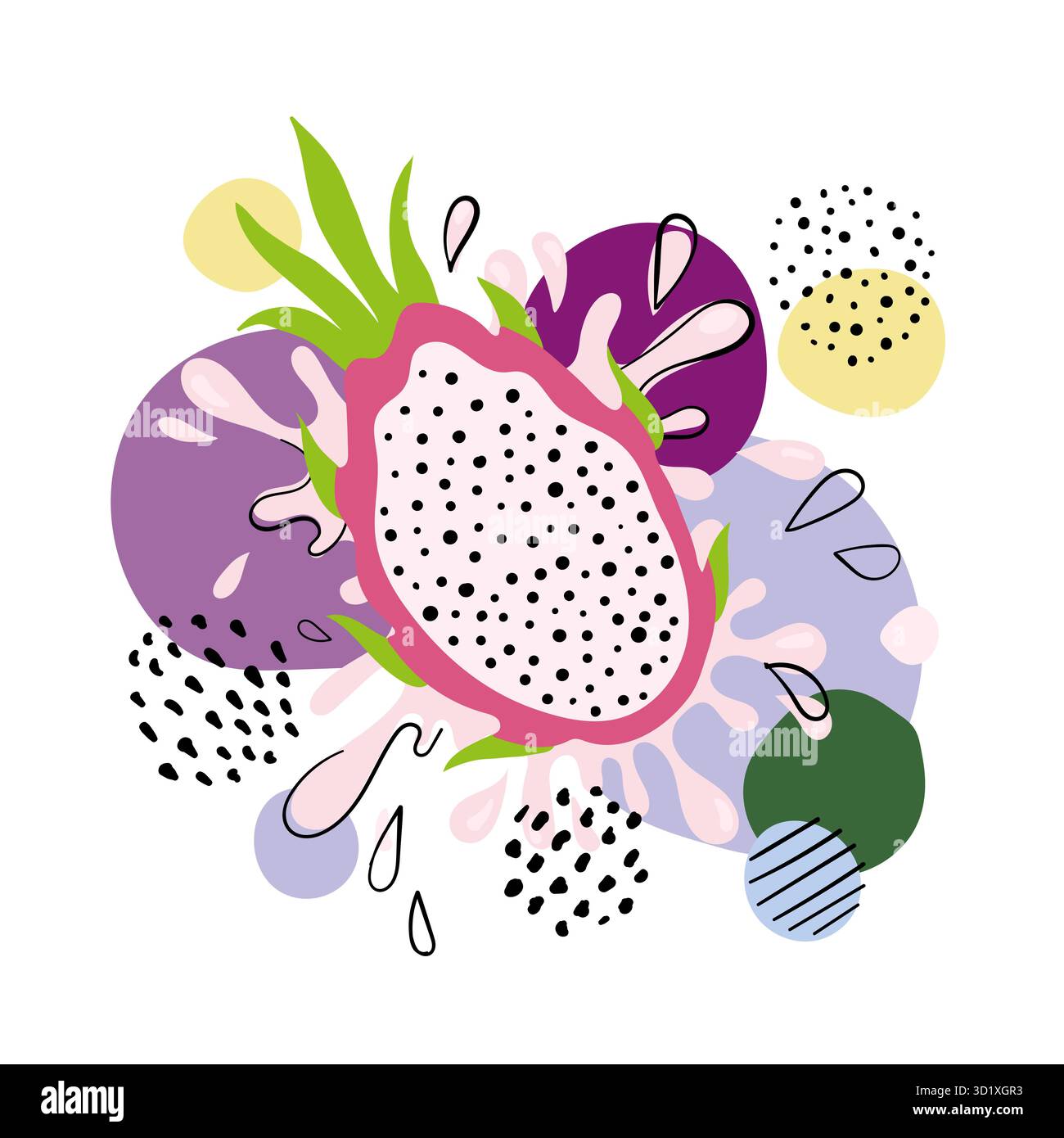 Tropical dragonfruits and pitaya juice splash. Hand drawn pitaya ...