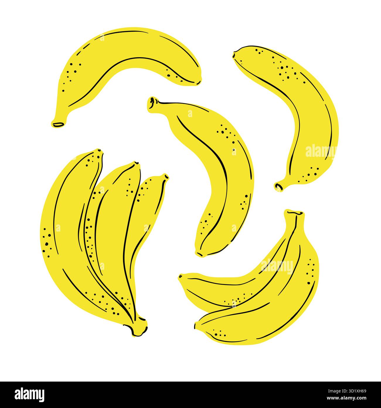 Tropical set yellow fruits banana. Hand drawn simple bananas isolated ...