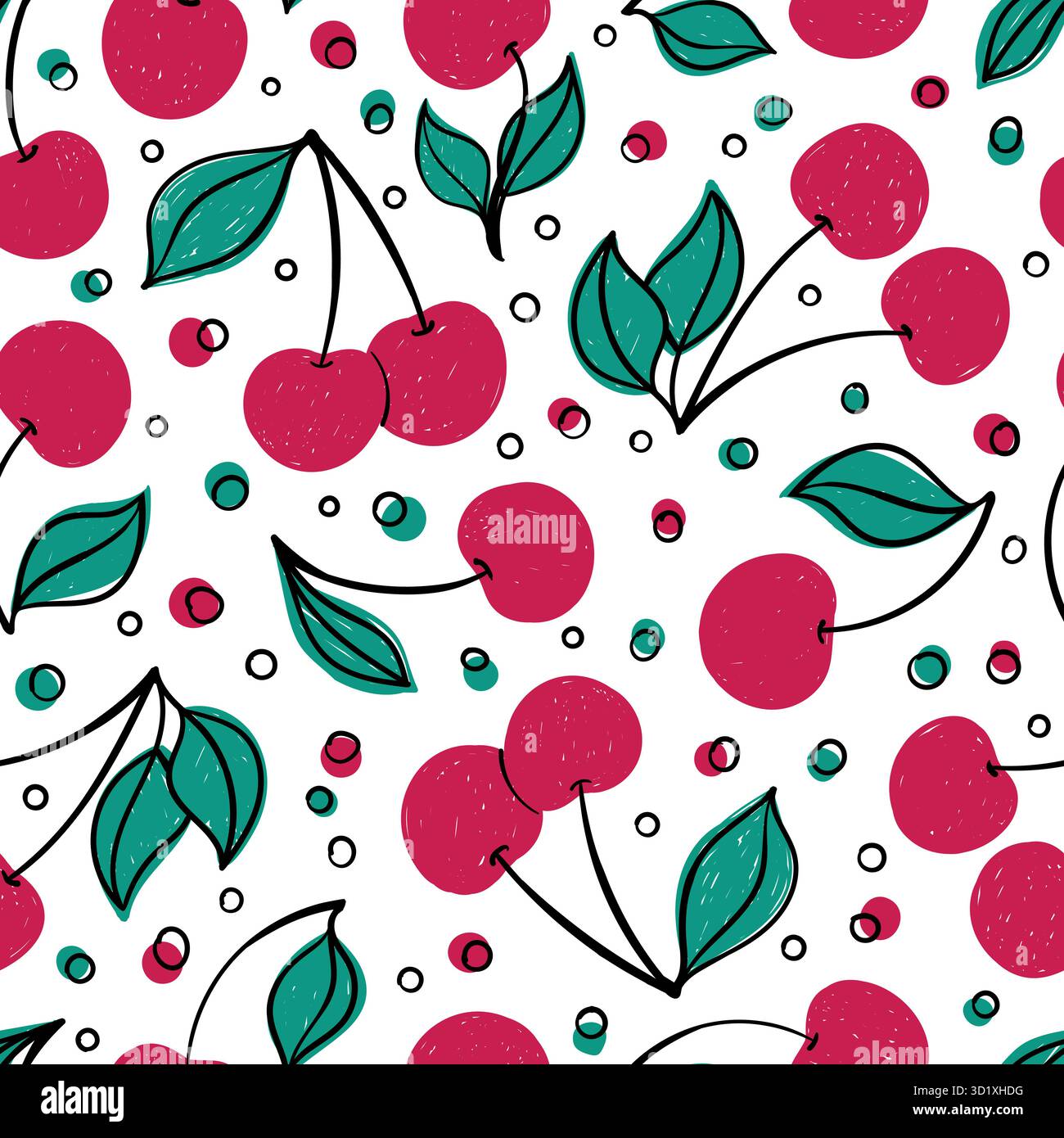 Tropical seamless pattern with doodle red cherry. Hand drawn berries ...