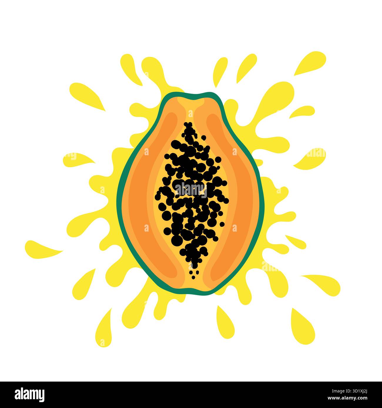 Tropical yellow papaya and juice splash. Hand drawn half papayas ...