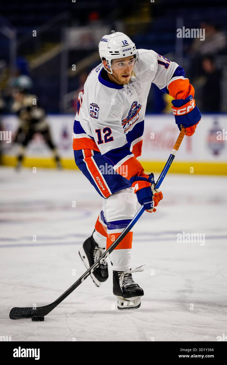 October 29, 2025: Bridgeport Islanders forward Marc Gatcomb (12) warms ...