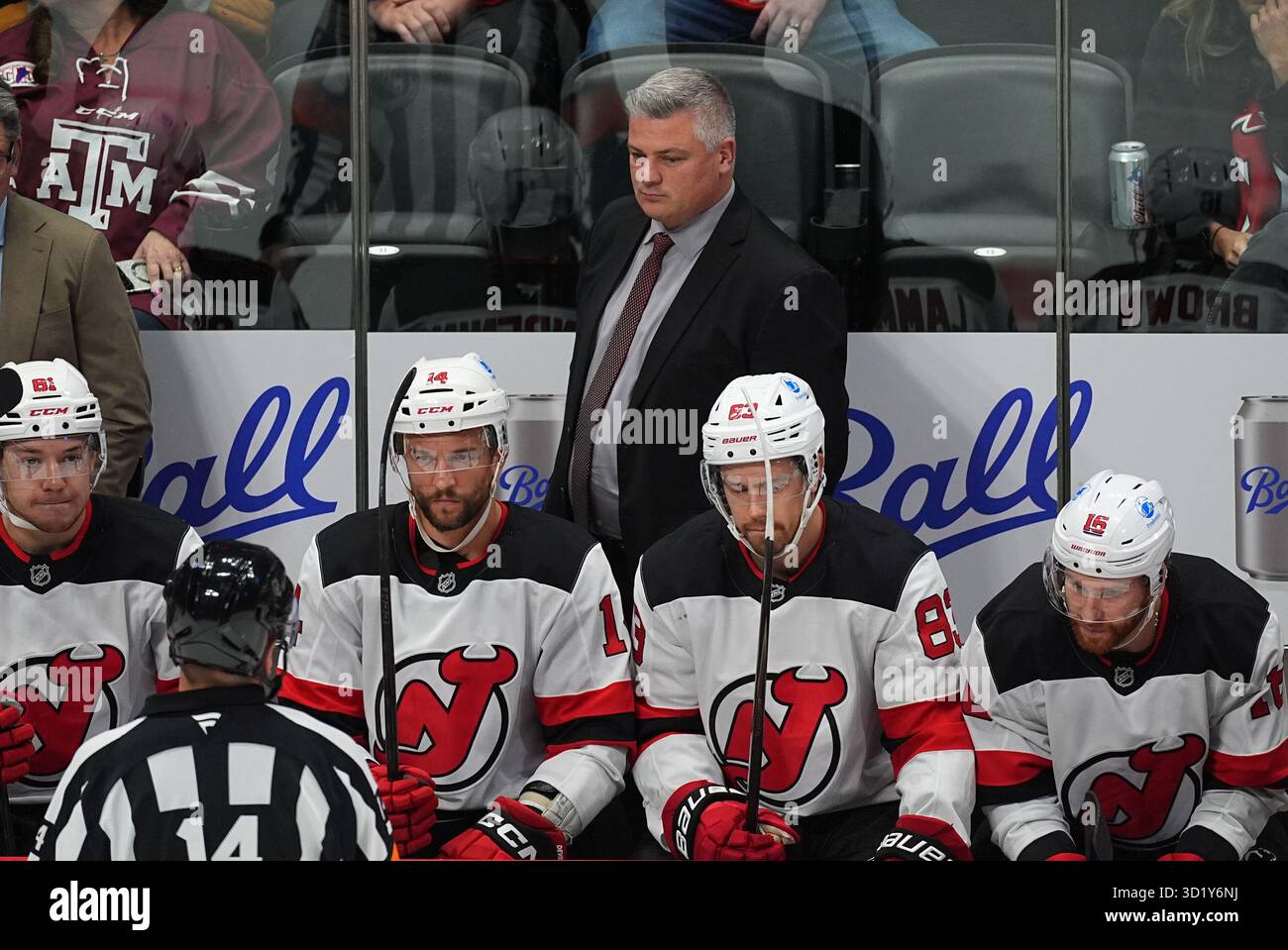 New Jersey Devils head coach Sheldon Keefe looks on from the team box ...
