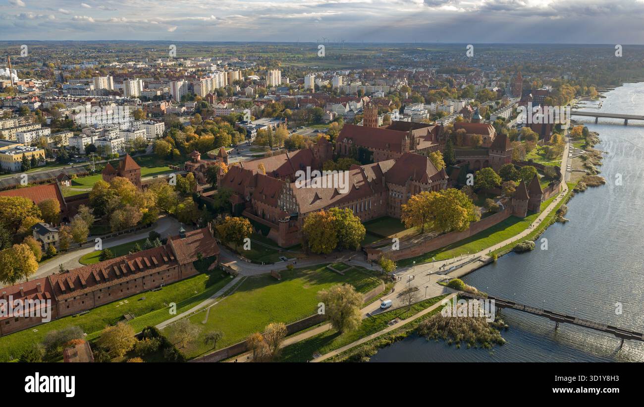 Aerial view shows Malbork Castle in northern Poland, red brick walls ...