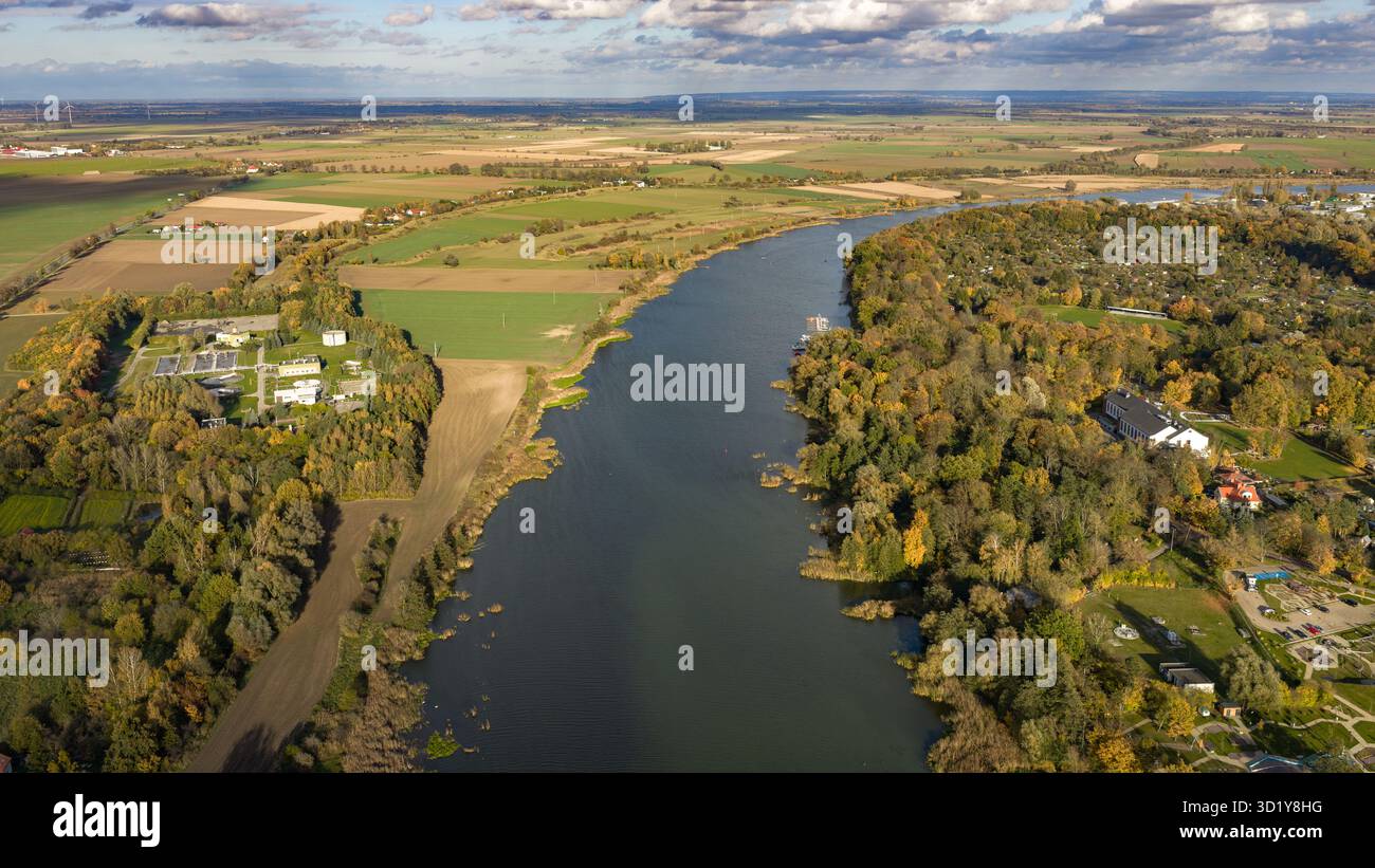Aerial view shows the Nogat River in northern Poland at late afternoon ...
