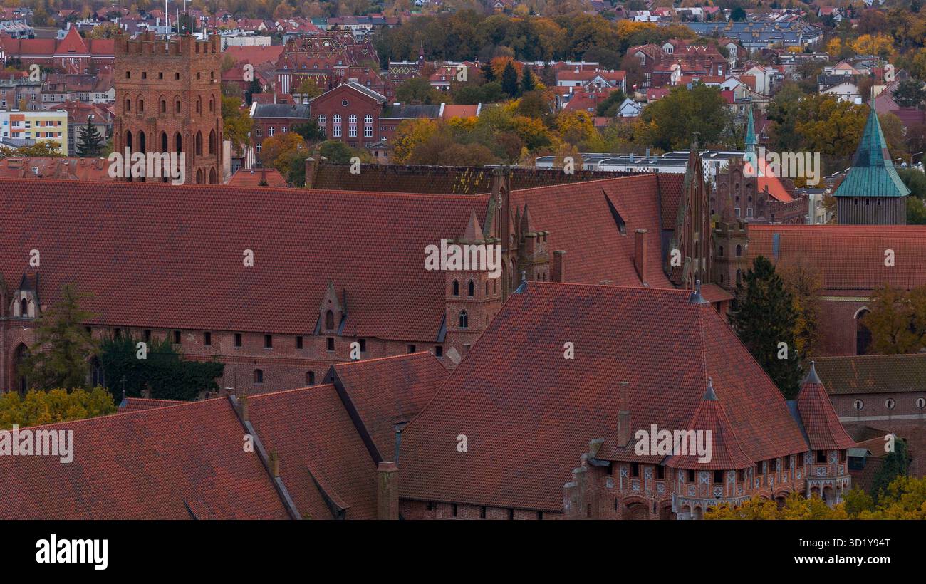 Aerial view shows Malbork Castle in northern Poland, red brick roofs ...