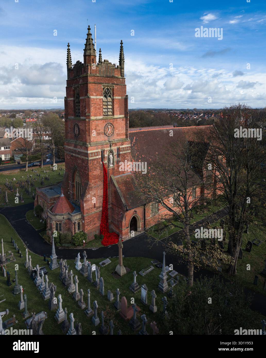 Aerial of St Annes Parish Church with red poppy cascade for Remembrance ...