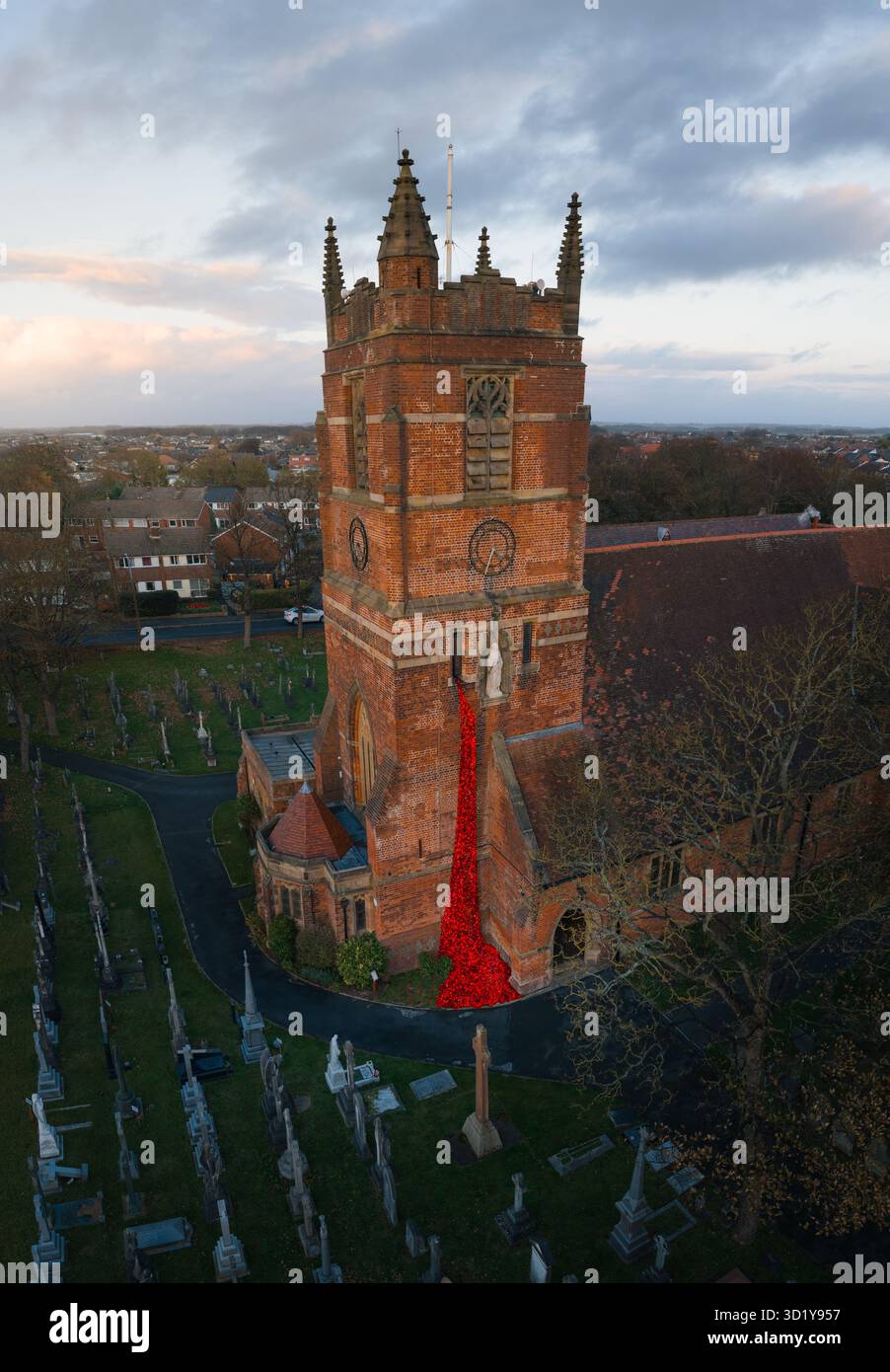 Aerial of St Annes Parish Church with red poppy cascade for Remembrance ...