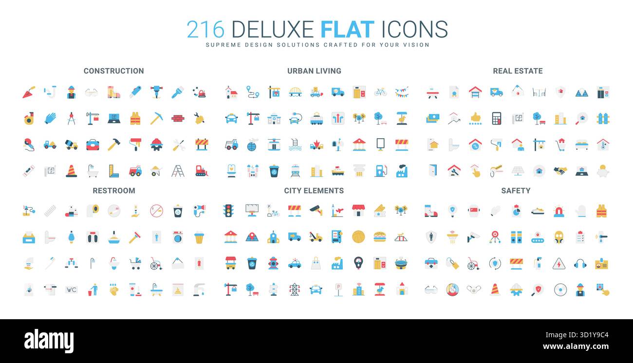 Comprehensive flat icon set covering construction, urban living, real ...