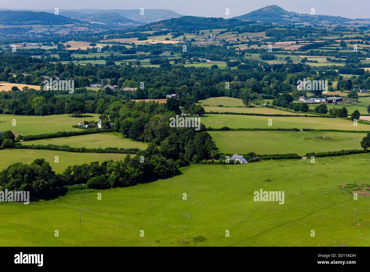 Patchwork landscape of green pastures, fields, and trees in the Welsh ...