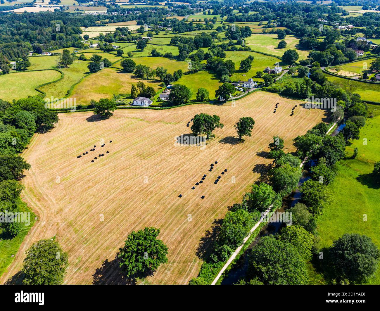Idyllic patchwork of fields, trees, and farms in the Welsh countryside ...