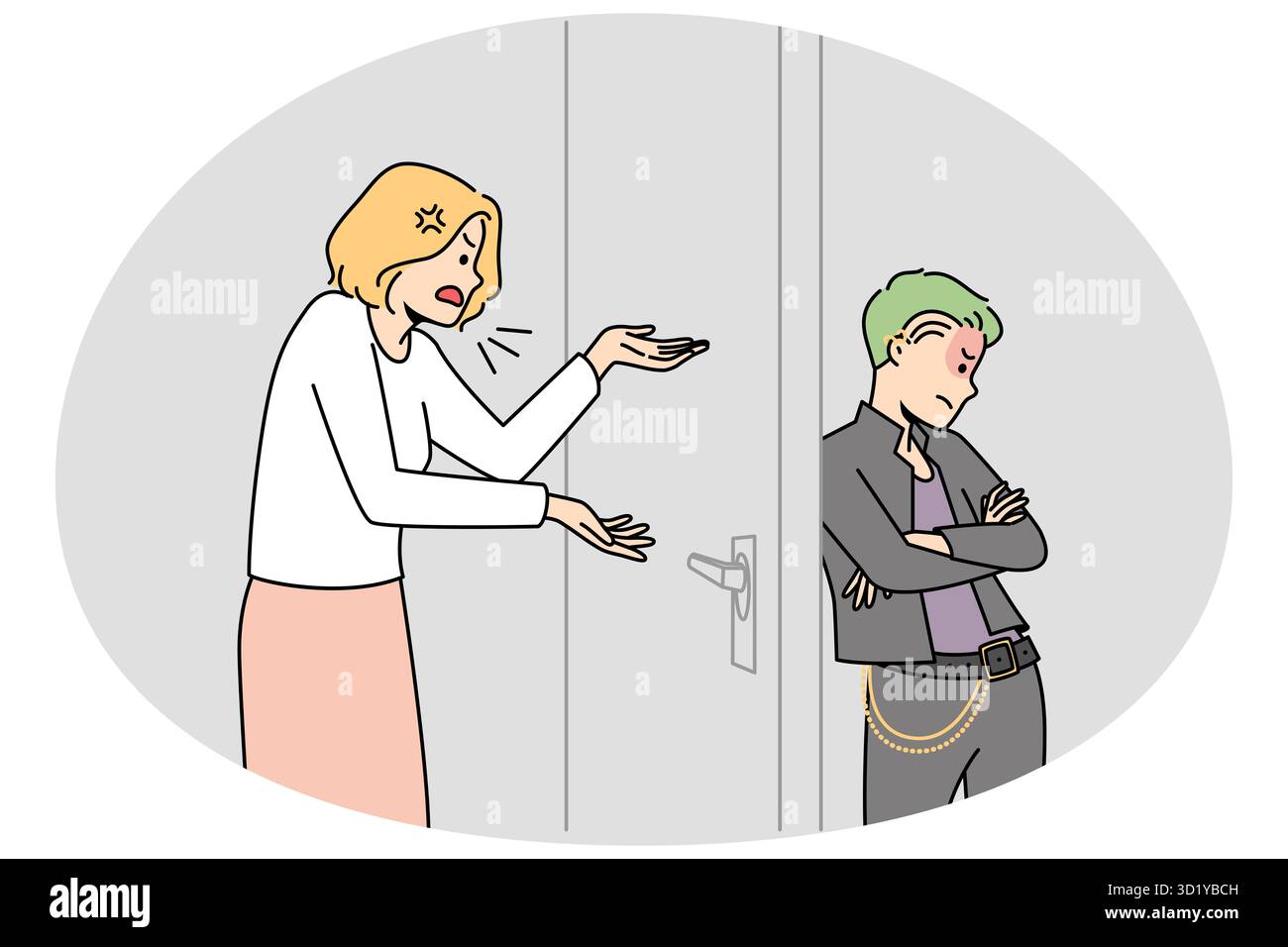Angry mother talking to teen goth child locked in room. Parent children ...
