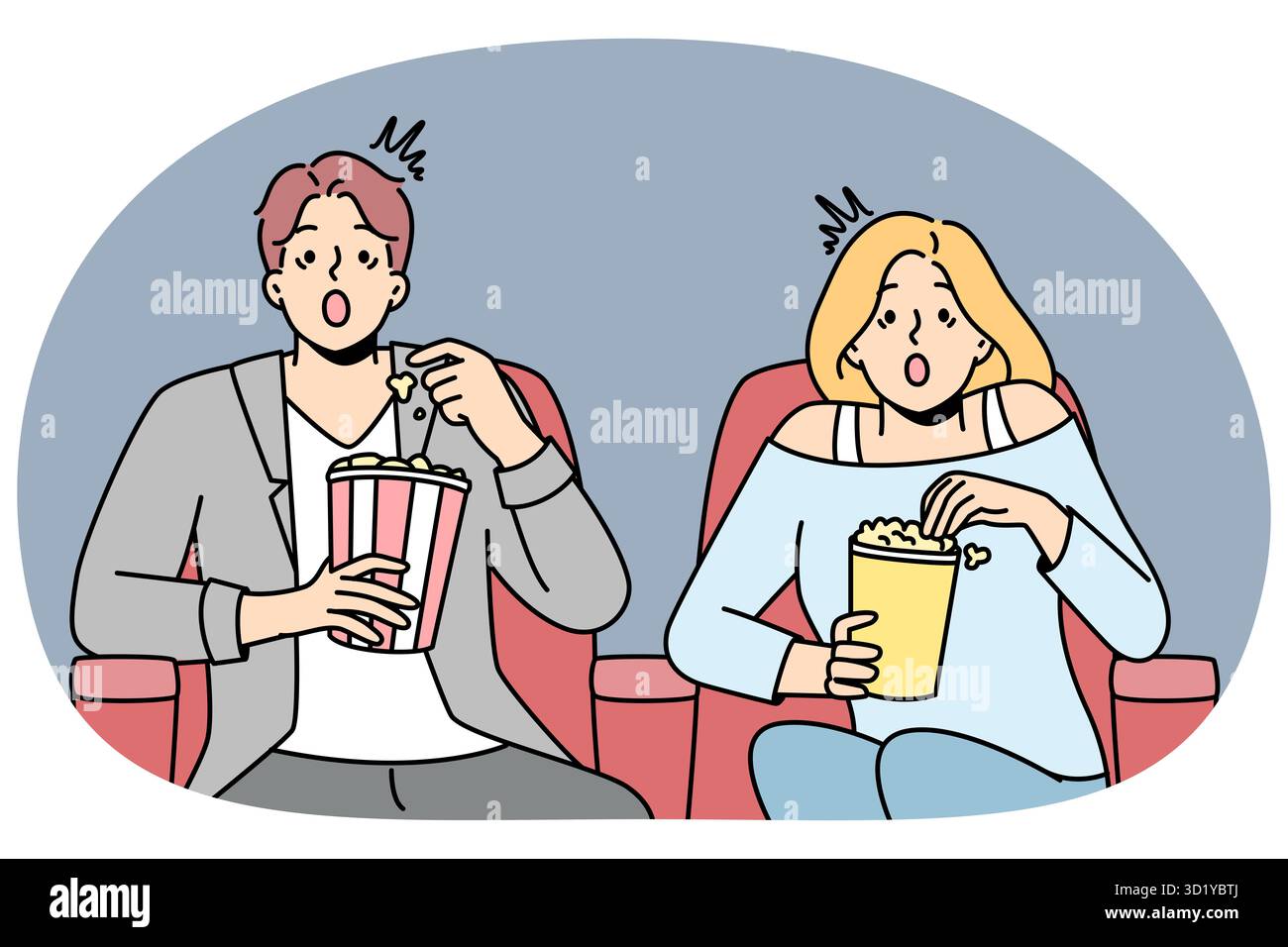 Couple eat popcorn enjoy movie in cinema. Emotional man and woman feel ...