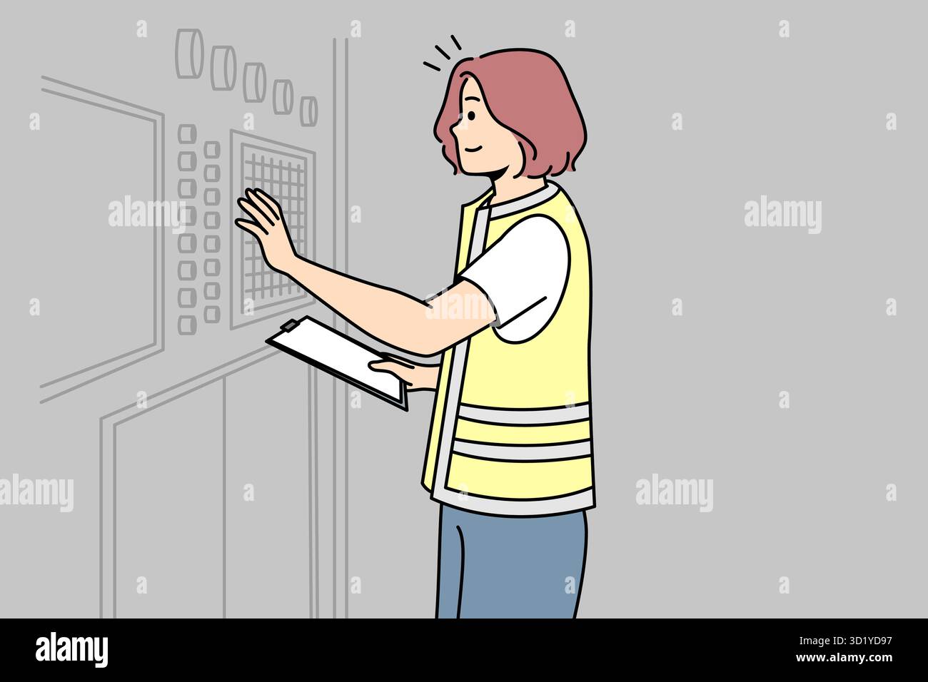 Girl in uniform adjusts industrial equipment on control panel with ...