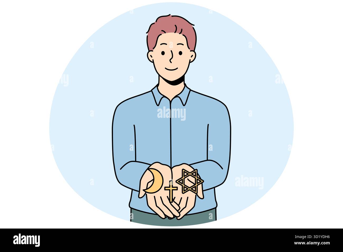 Smiling man holding different religions symbols in hands. Concept of ...
