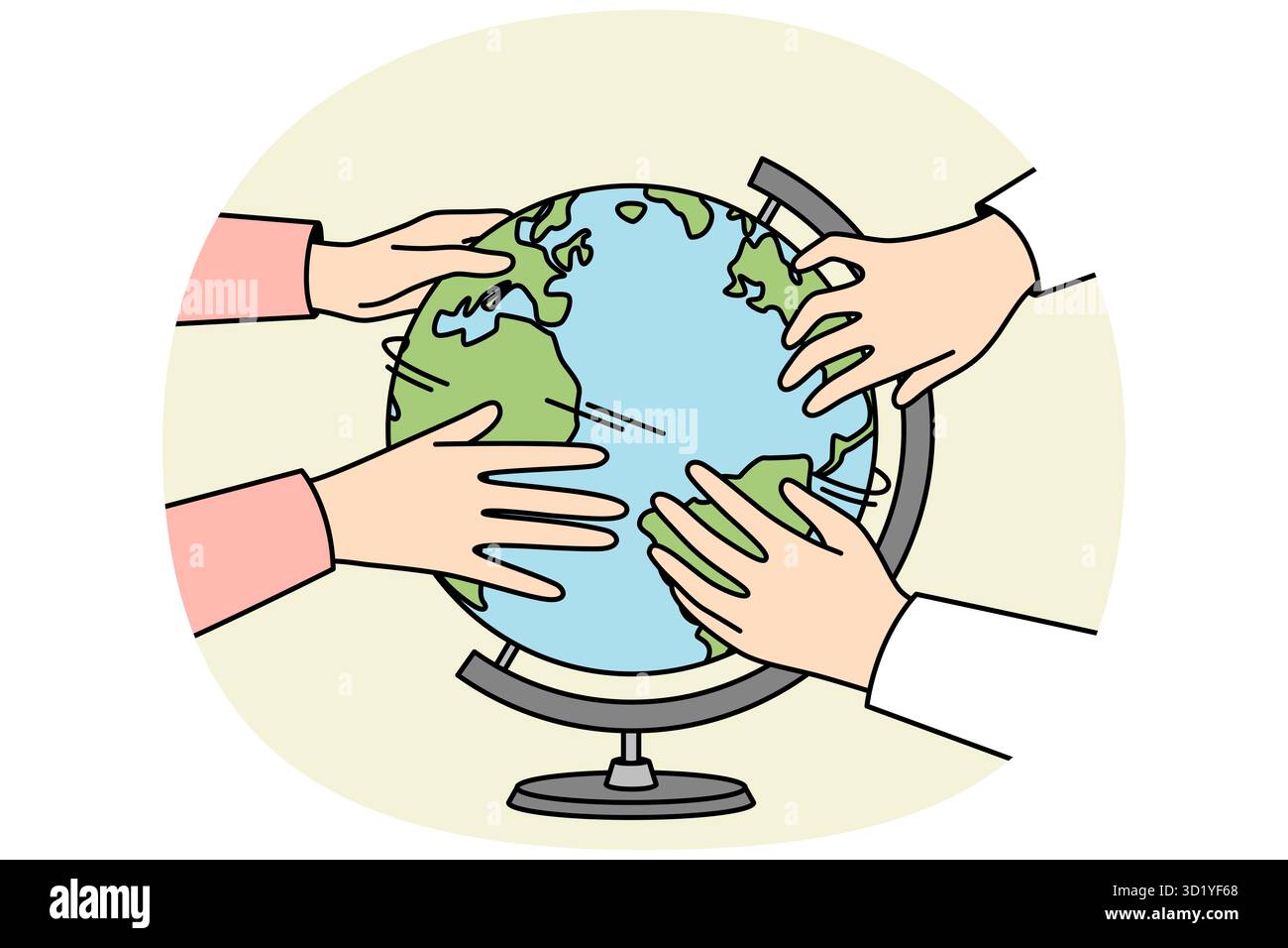 Diverse people touch globe interested in geography. Hands turn planet ...