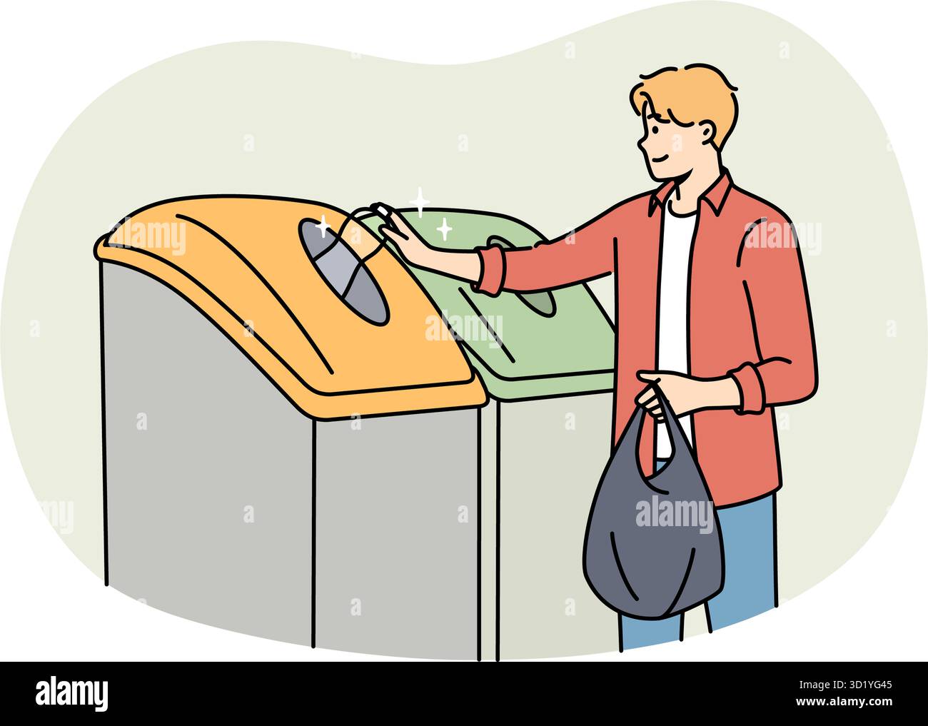 Man sorting garbage. Guy stand near bins sort trash and plastic in ...