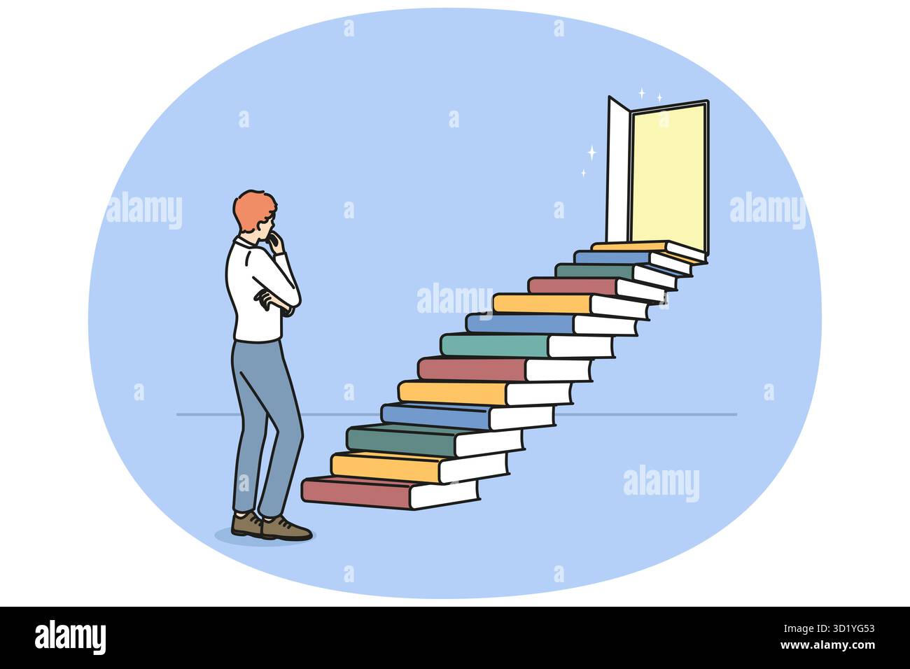 Young man standing near stairs made of books thinking or brainstorming ...
