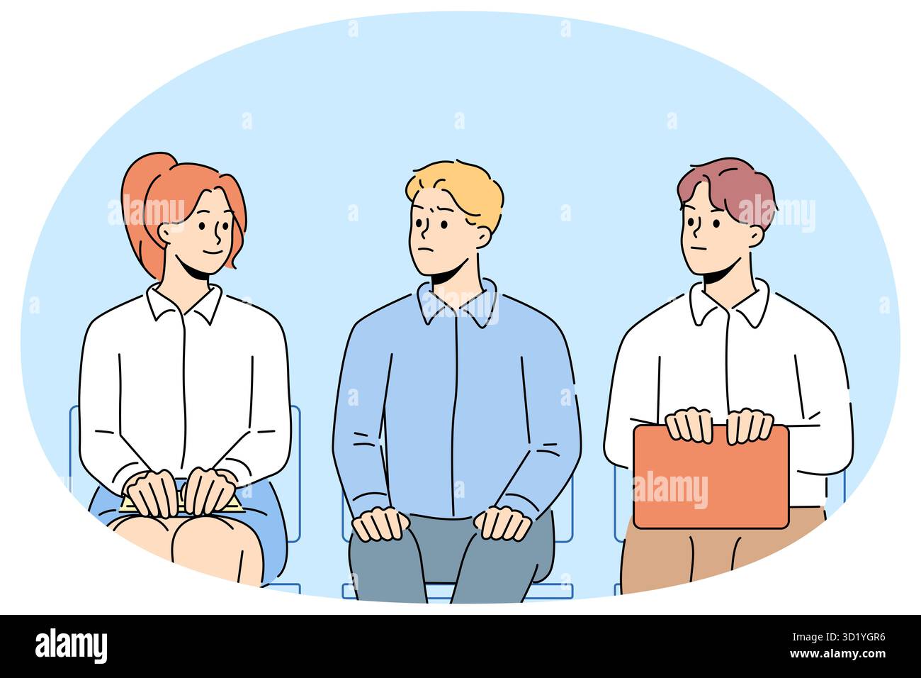 Men look at female job candidate sitting in line waiting for interview ...