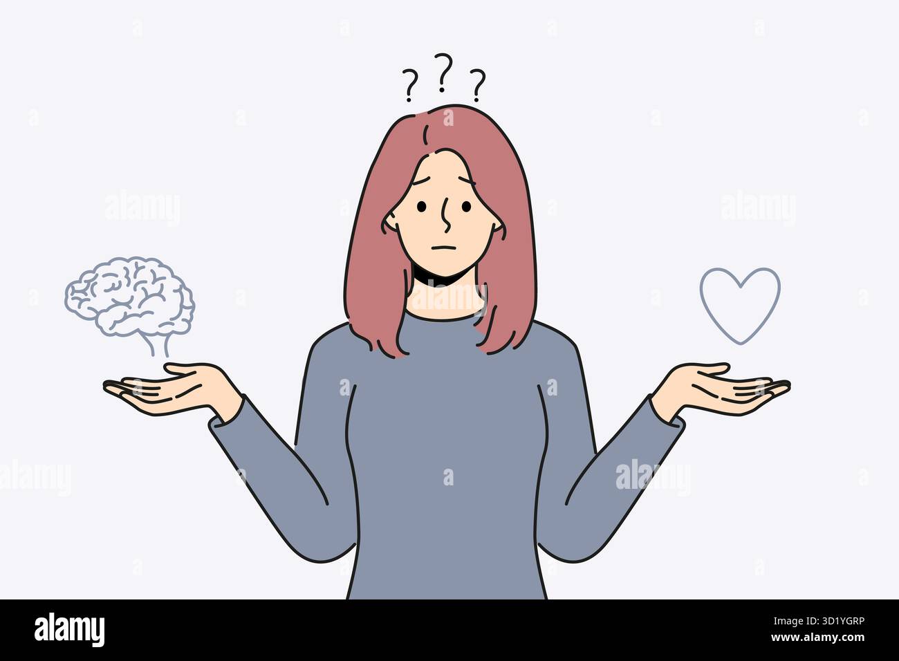 Confused woman choose between heart and brain. Frustrated girl make ...