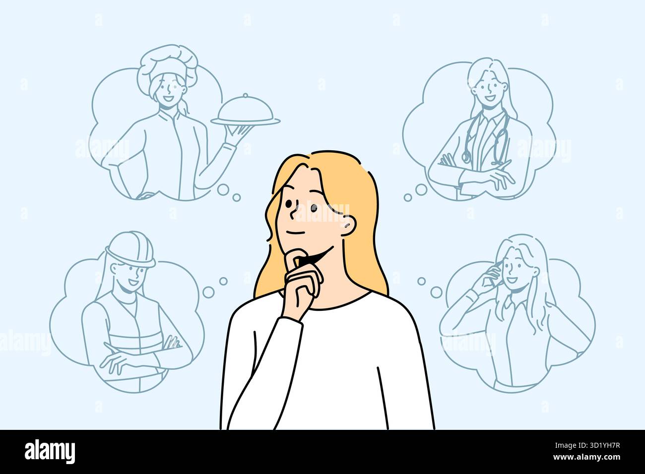 Smiling woman with occupations in speech bubbles think of career option ...