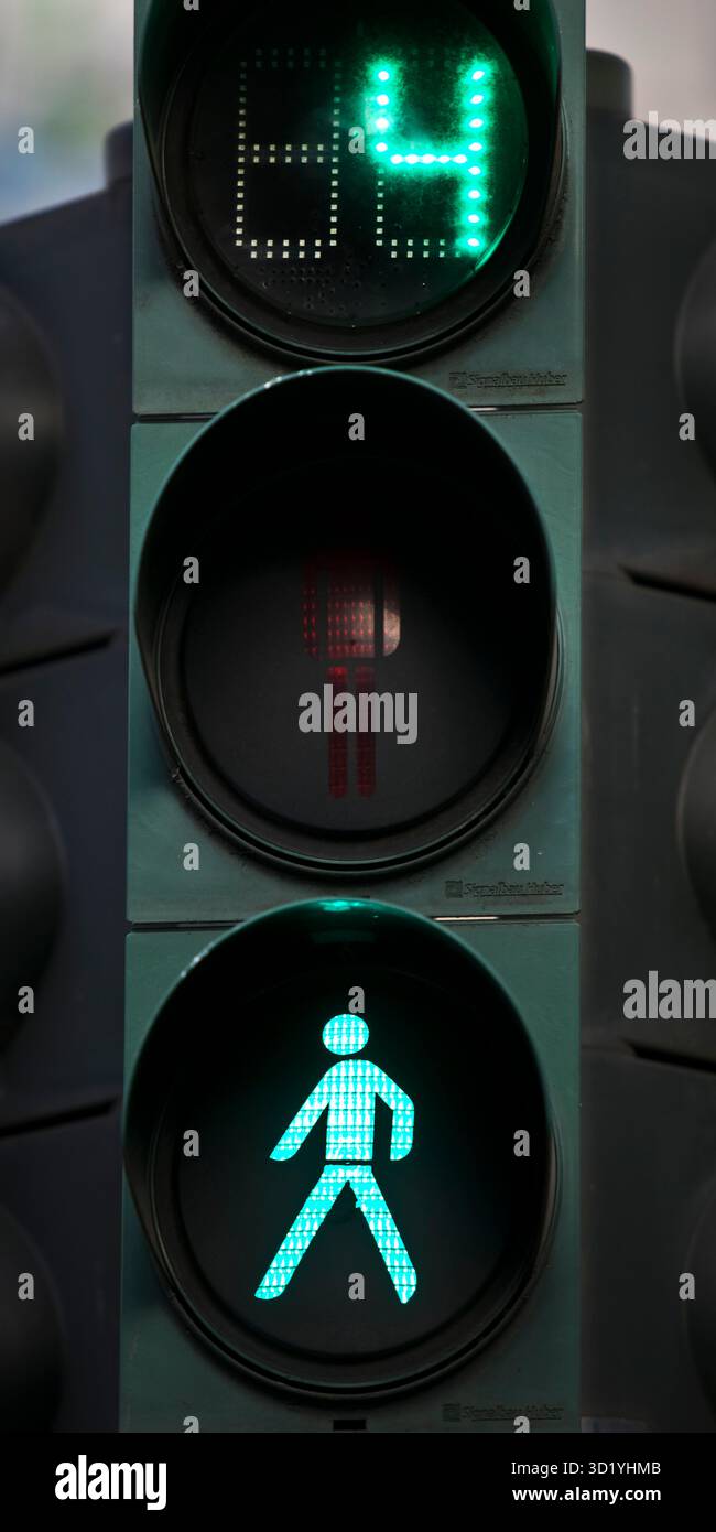 Green pedestrian traffic light with second display of the green phase ...