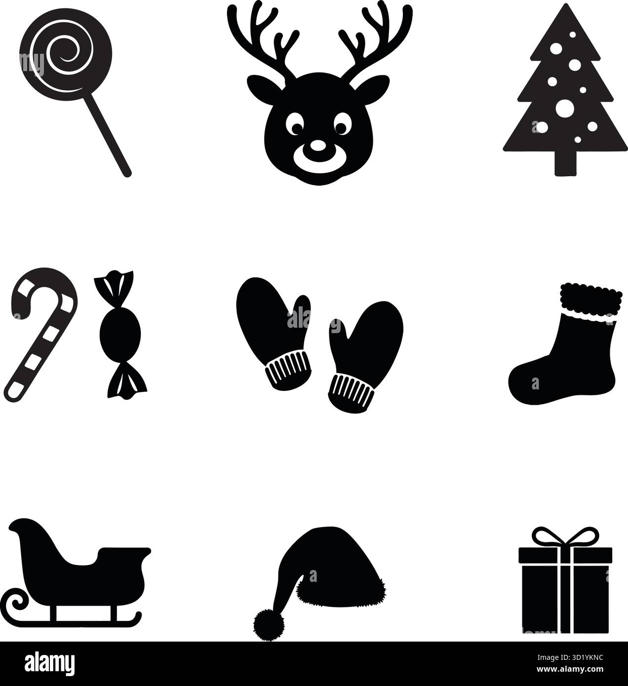 Black Christmas Holiday Icon Set with Reindeer, Santa Hat, Mittens, and ...