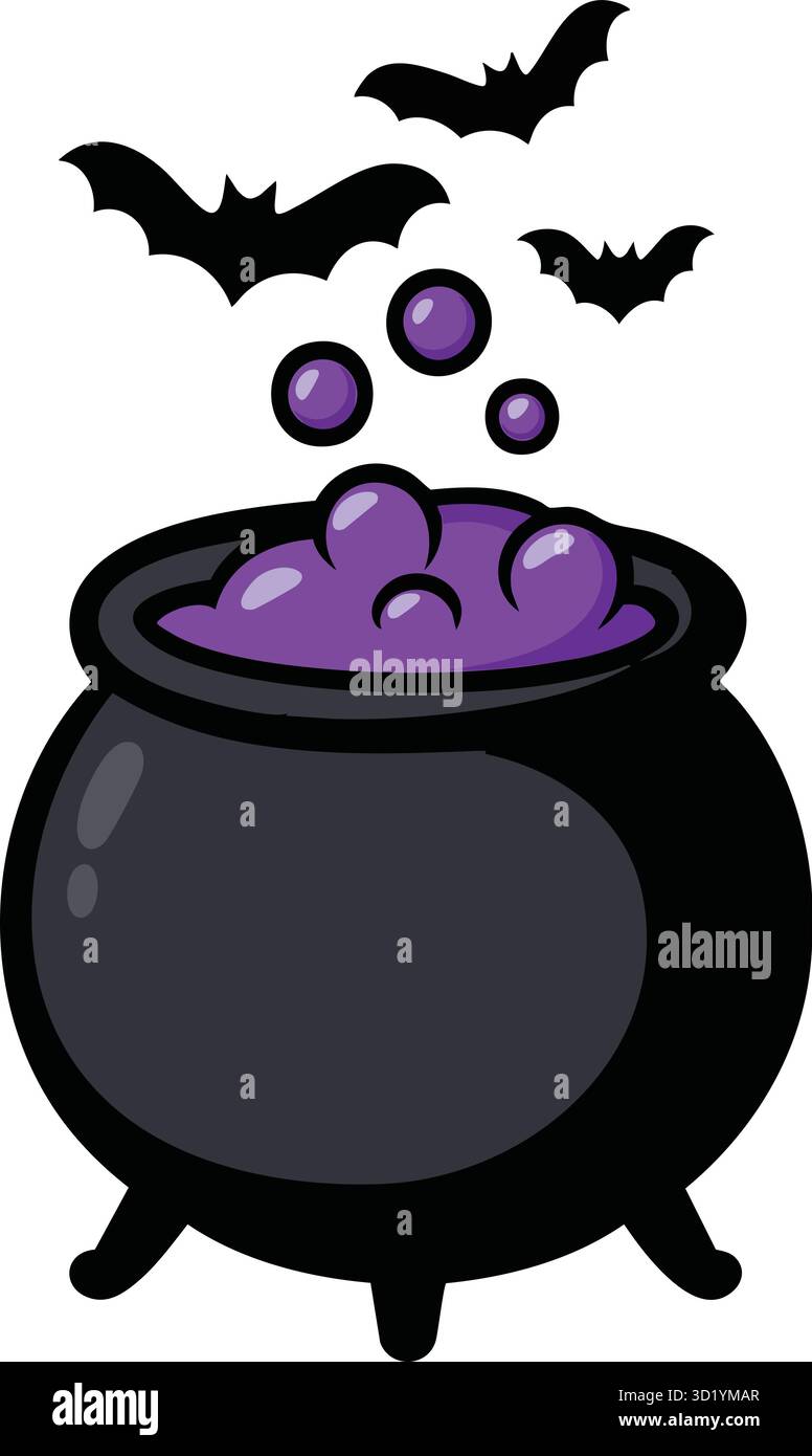 Cartoon Witch Cauldron with Purple Potion Bubbles and Flying Bats ...