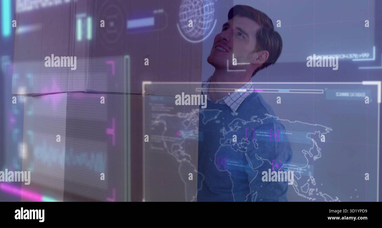 Analyzing holographic projections, engineer exploring world map overlay ...