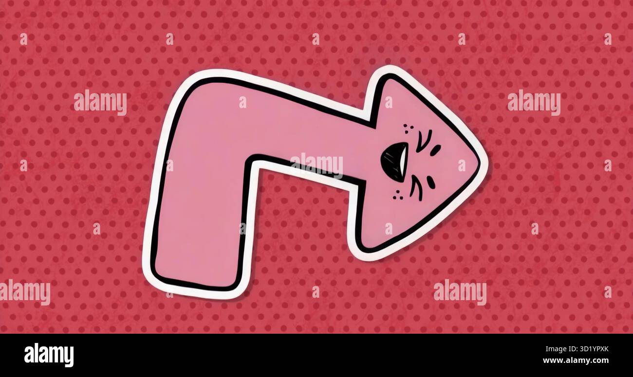 Bending pink arrow with black-white outline on comic-style red polka ...